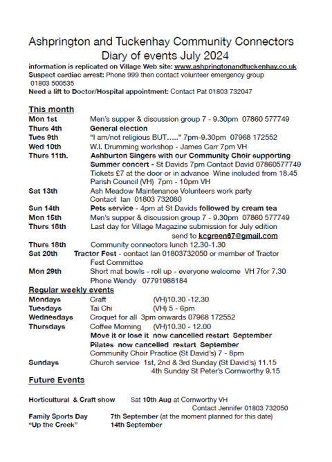 Community Connectors Diary Dates for July 2024 - Ashprington & Tuckenhay